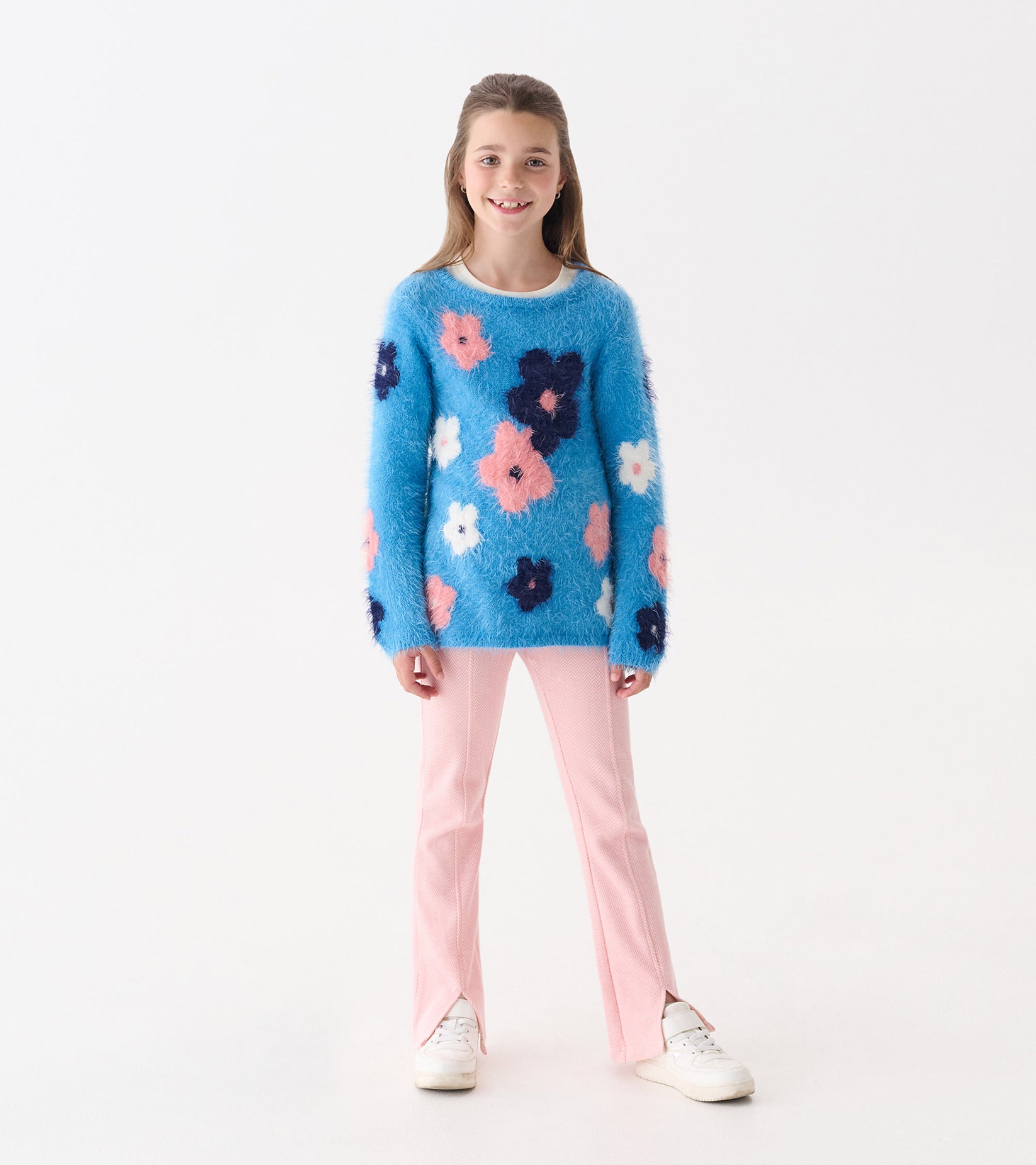 Girls Floral Cluster Furry Sweater